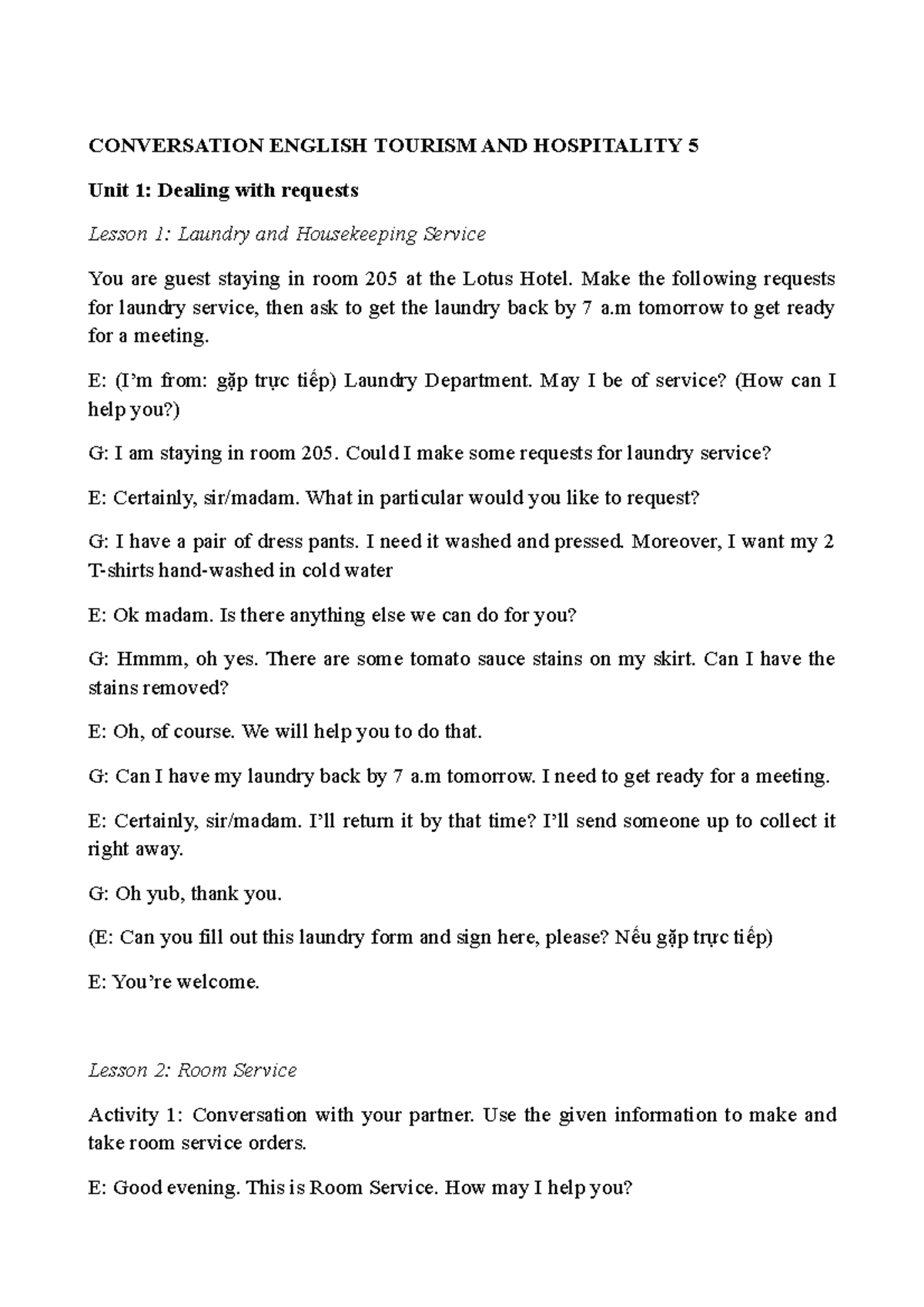 Conversation English Tourism AND Hospitality 5 - CONVERSATION ENGLISH ...