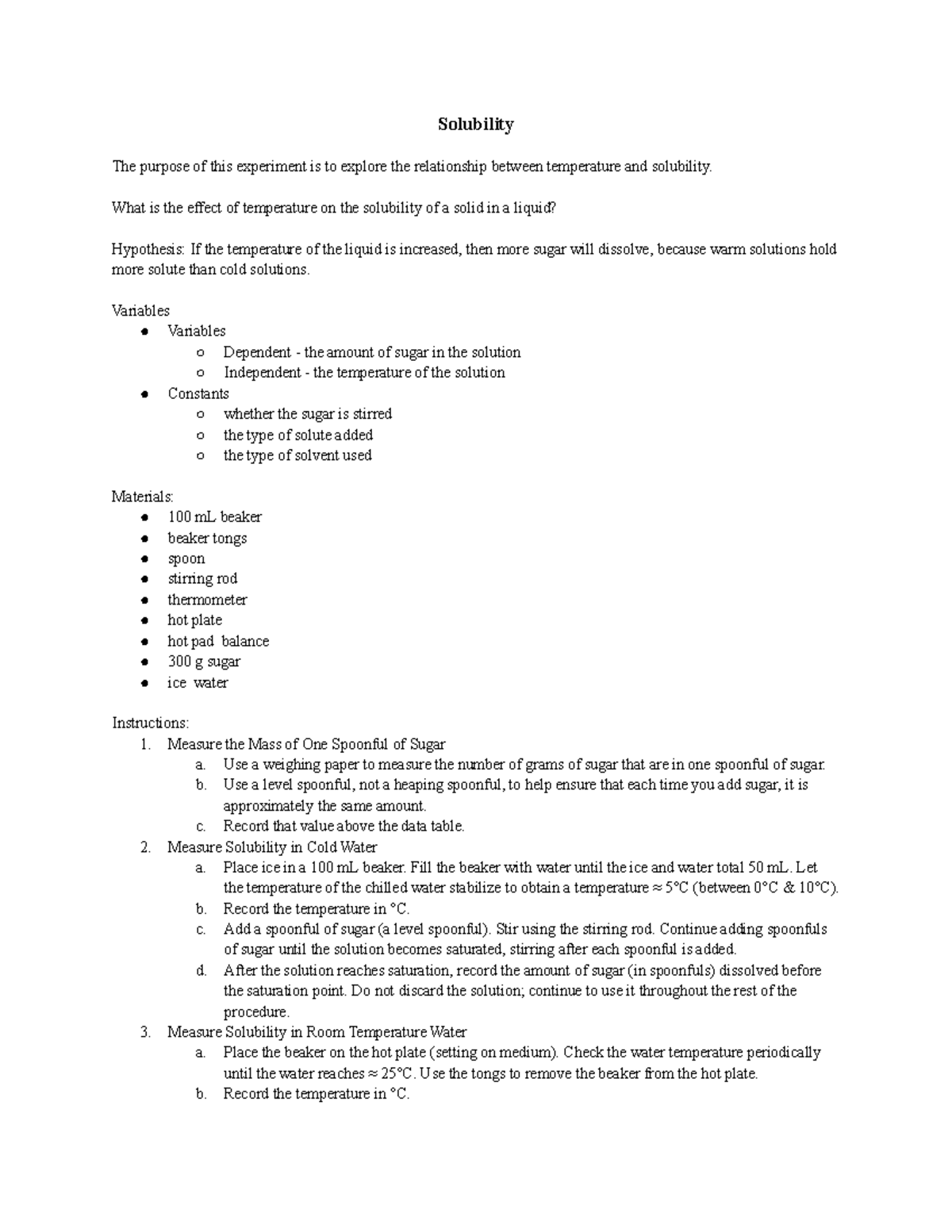 Chemistry 101: Lab Assignment on Solubility and Temperature Effects ...