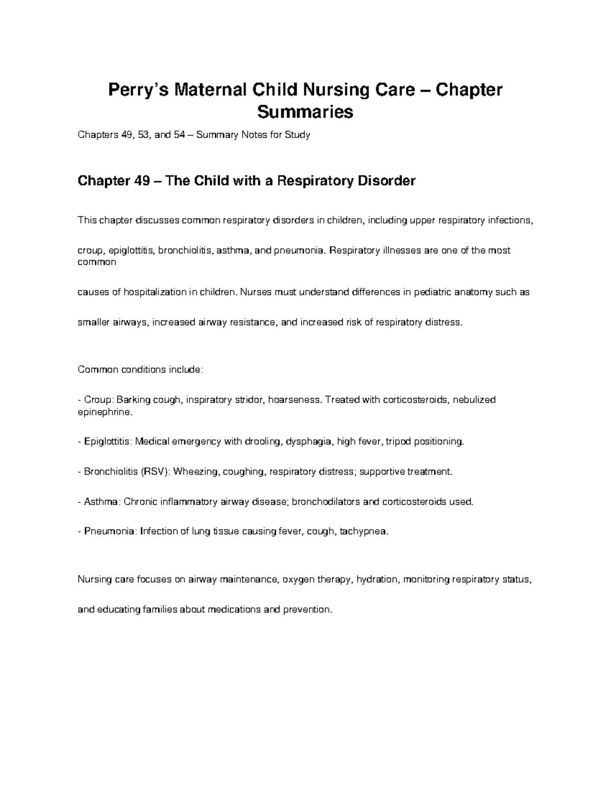 Perry's Maternal Child Nursing Care Ch. 49, 53, & 54 Summary Notes ...