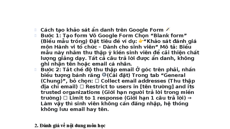 Khảo sát ẩn danh môn Hành vi tổ chức trên Google Form - Studocu