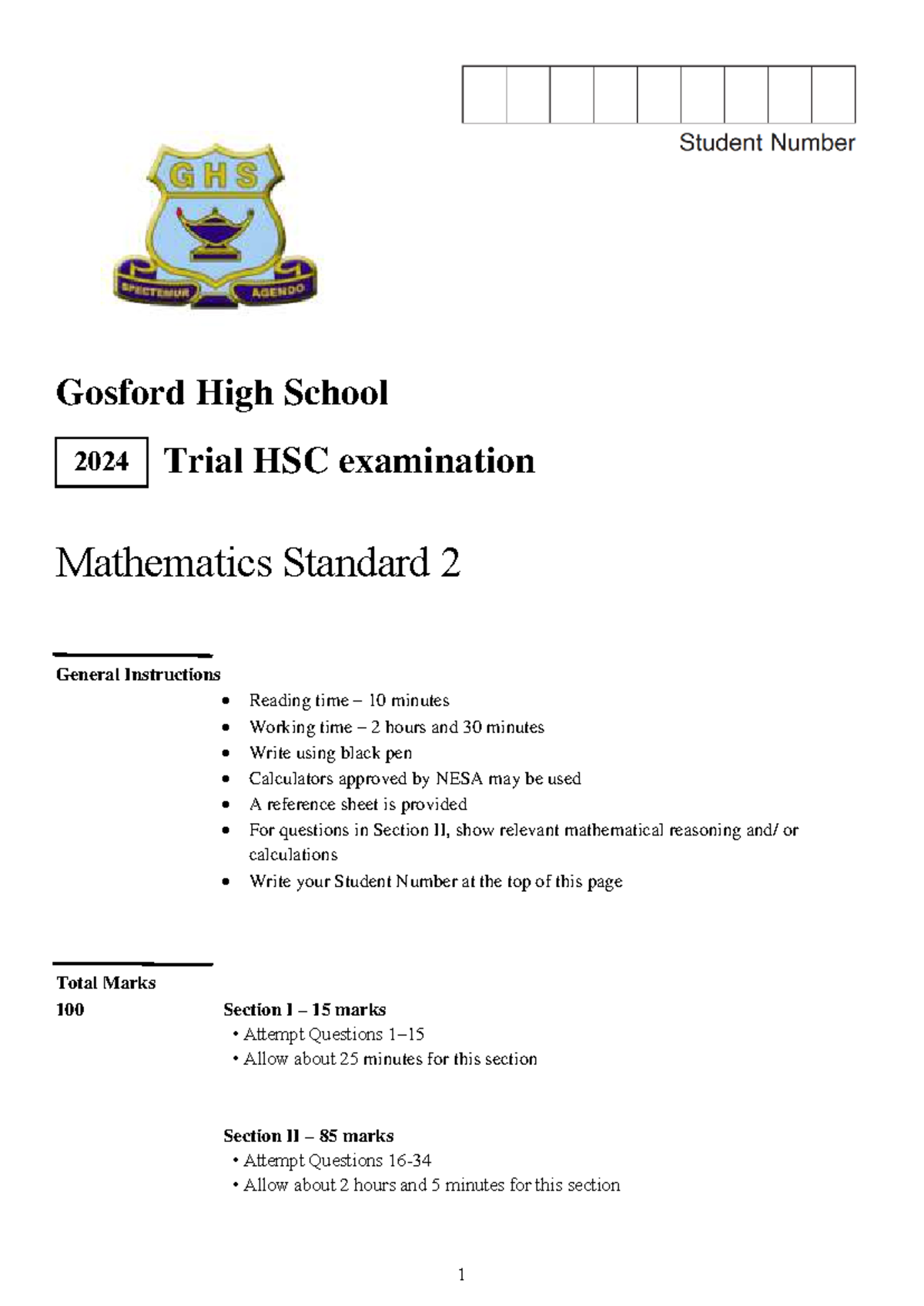 Gosford High School 2024 Trial HSC Mathematics Standard 2 Exam ...