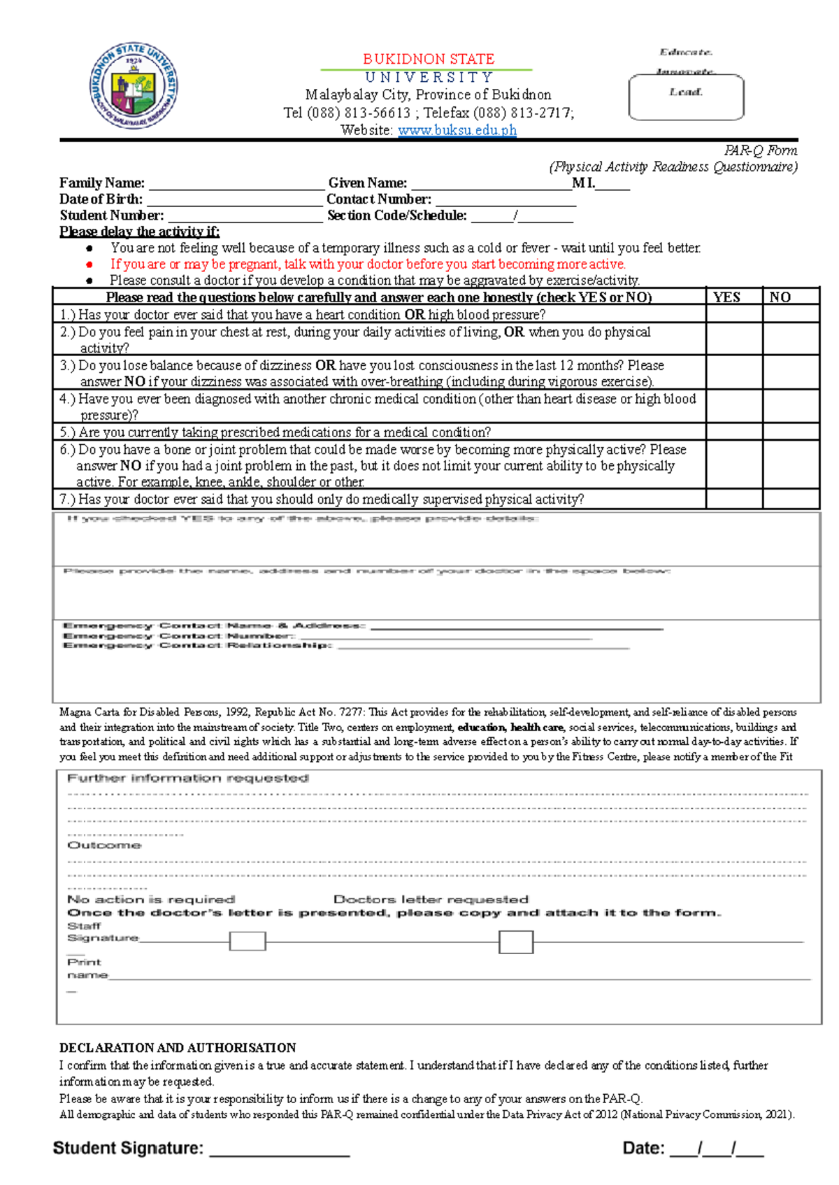 PAR-Q Form for PE Fitness & Exercise Readiness Assessment - Studocu