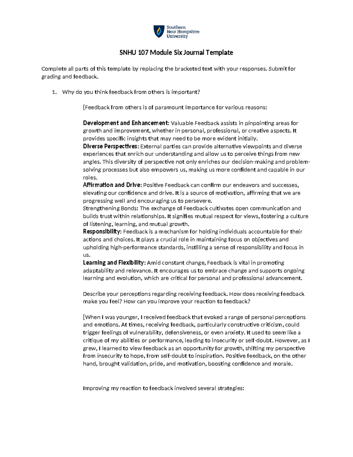 SNHU 107 Module Six Journal: Importance of Feedback and Reflection ...