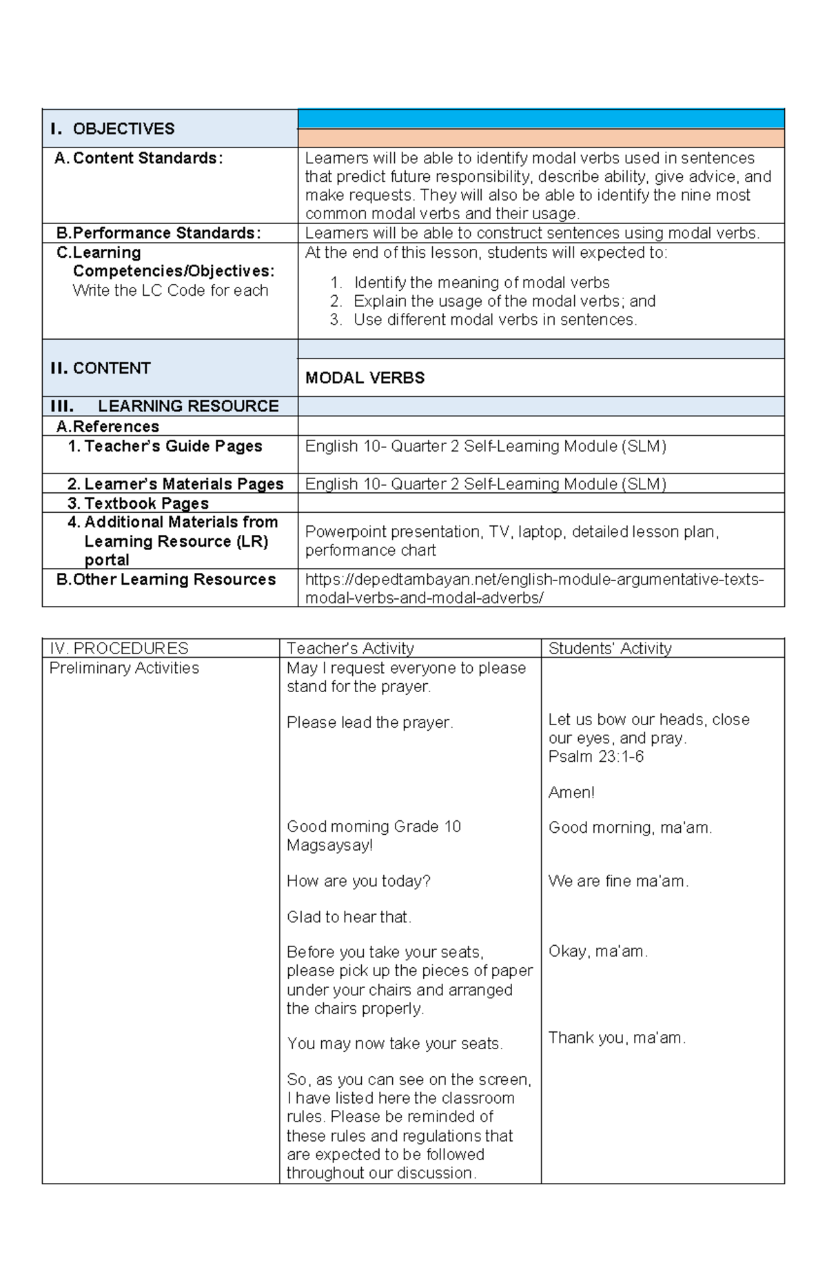 Modal Verbs Lesson Plan for English 10 - Key Concepts and Activities ...