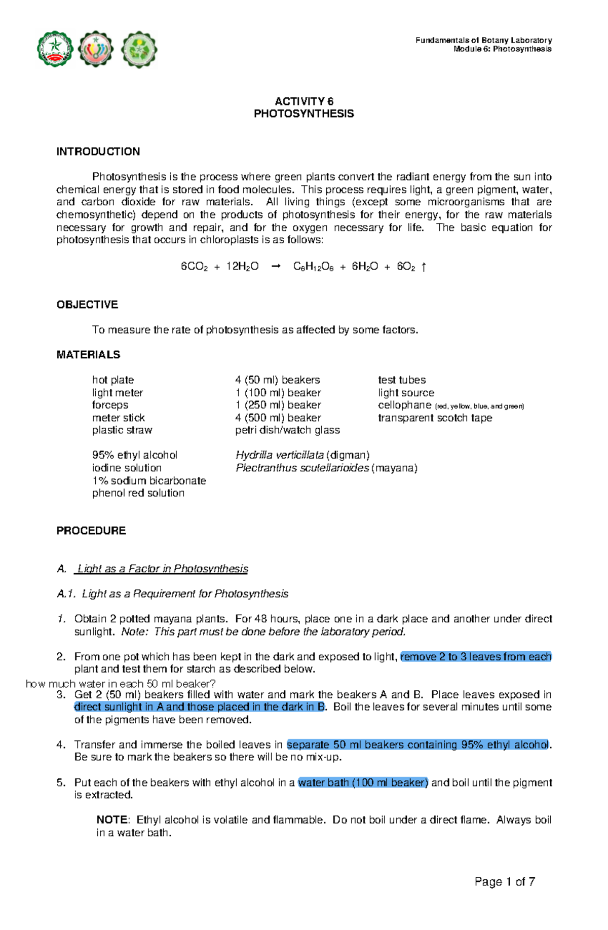06- Activity 6 Photosynthesis - Module 6 : Photosynthesis ACTIVITY 6 ...