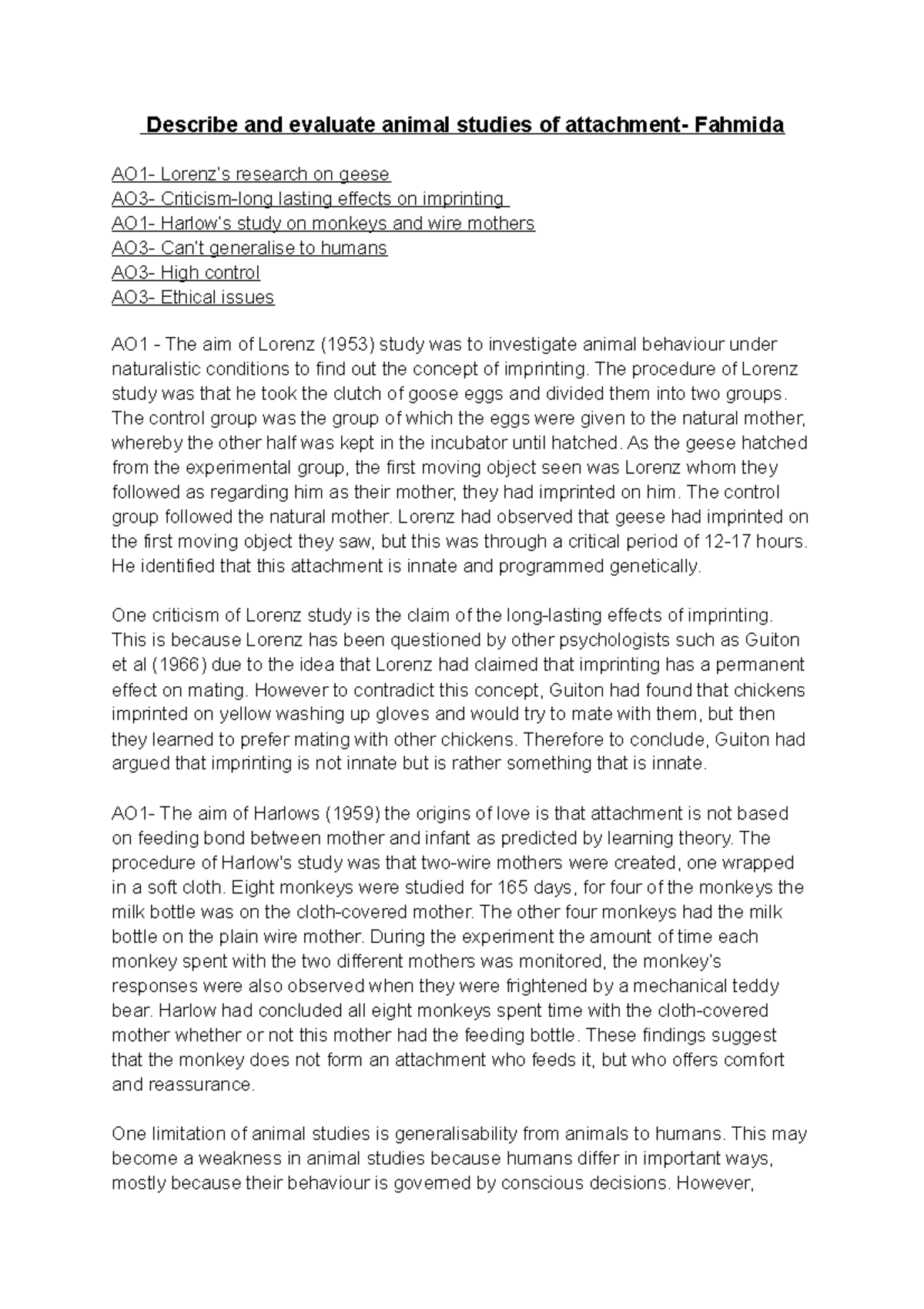 Animal Studies of Attachment: Harlow and Lorenz's Key Findings - Studocu