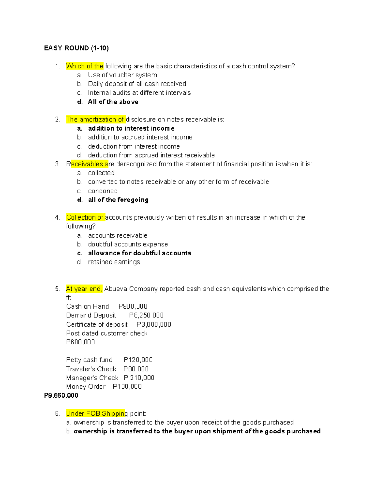 EASY ROUND: Aces Qbee Questions on Cash Control Systems and Receivables ...