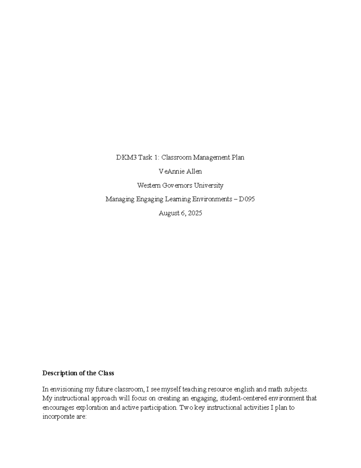 DKM3 Task 1: Engaging Classroom Management Plan for English & Math ...