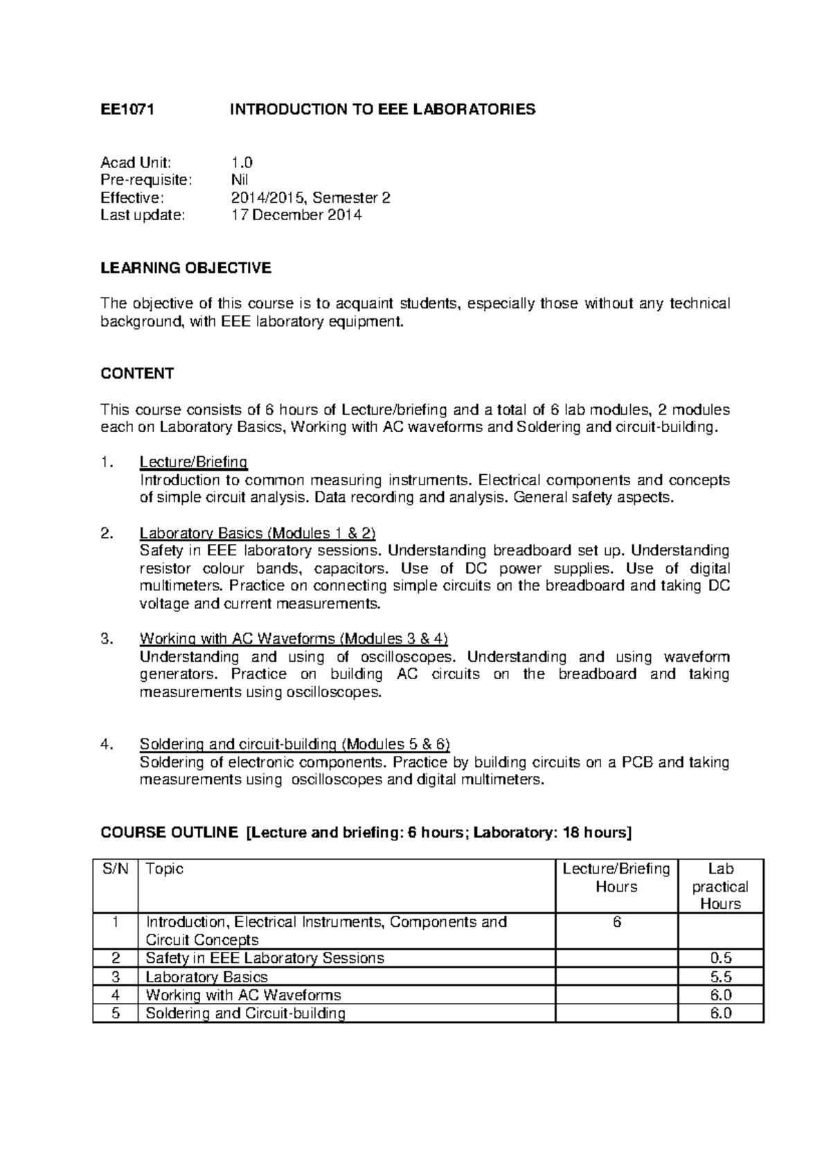 EE1071 Introduction to EEE Labs Syllabus & Marks Overview - Studocu