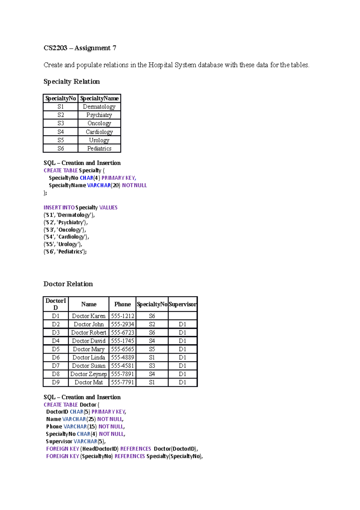 CS2203 - Assignment 7 - CS2203 – Assignment 7 Create and populate ...
