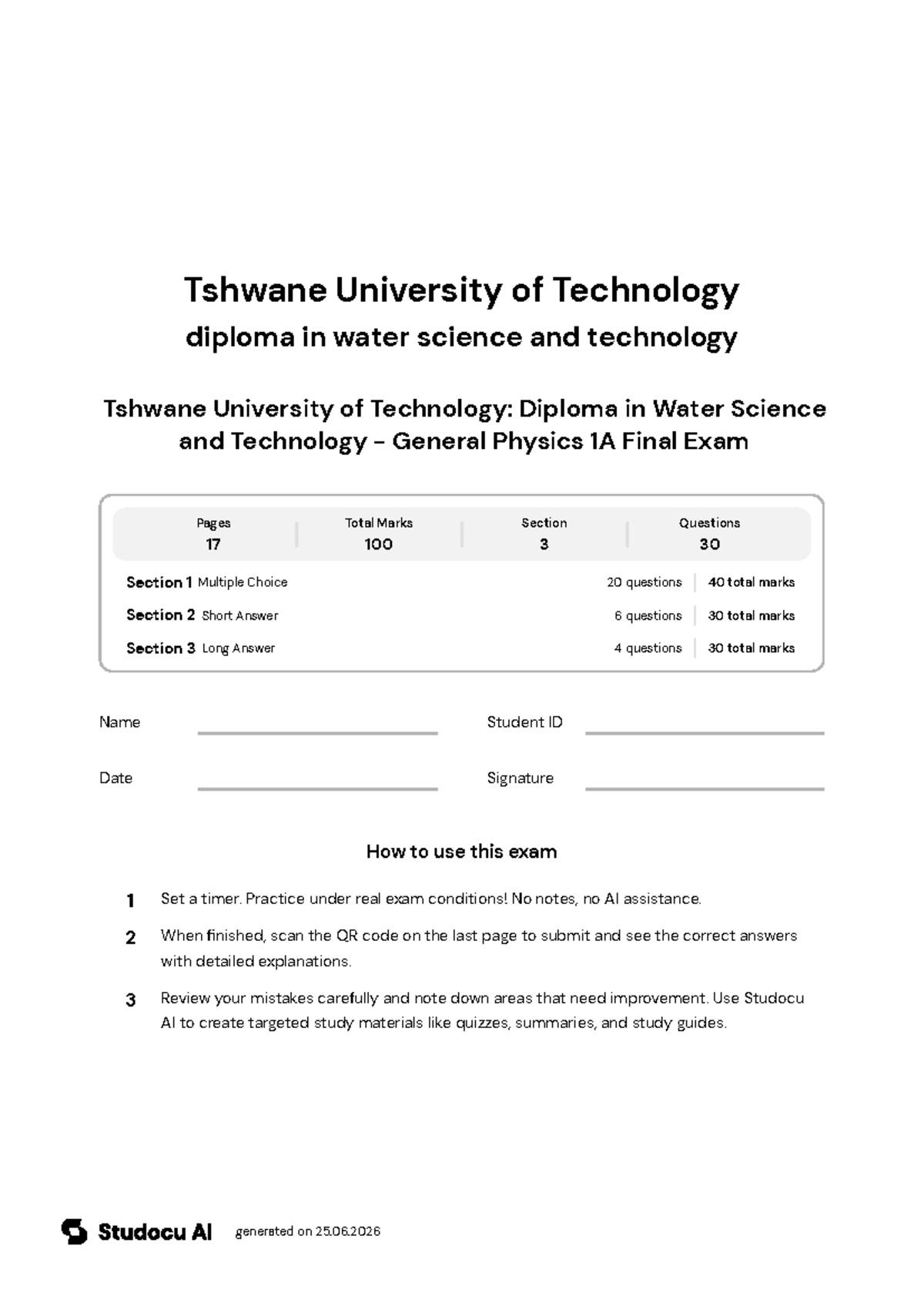 TUT Diploma in Water Science: General Physics 1A Final Exam - Studocu
