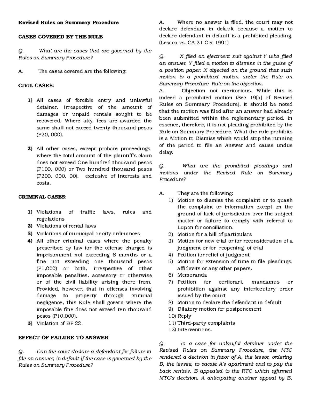 Revised Rules on Summary Procedure: Key Cases and Guidelines - Studocu