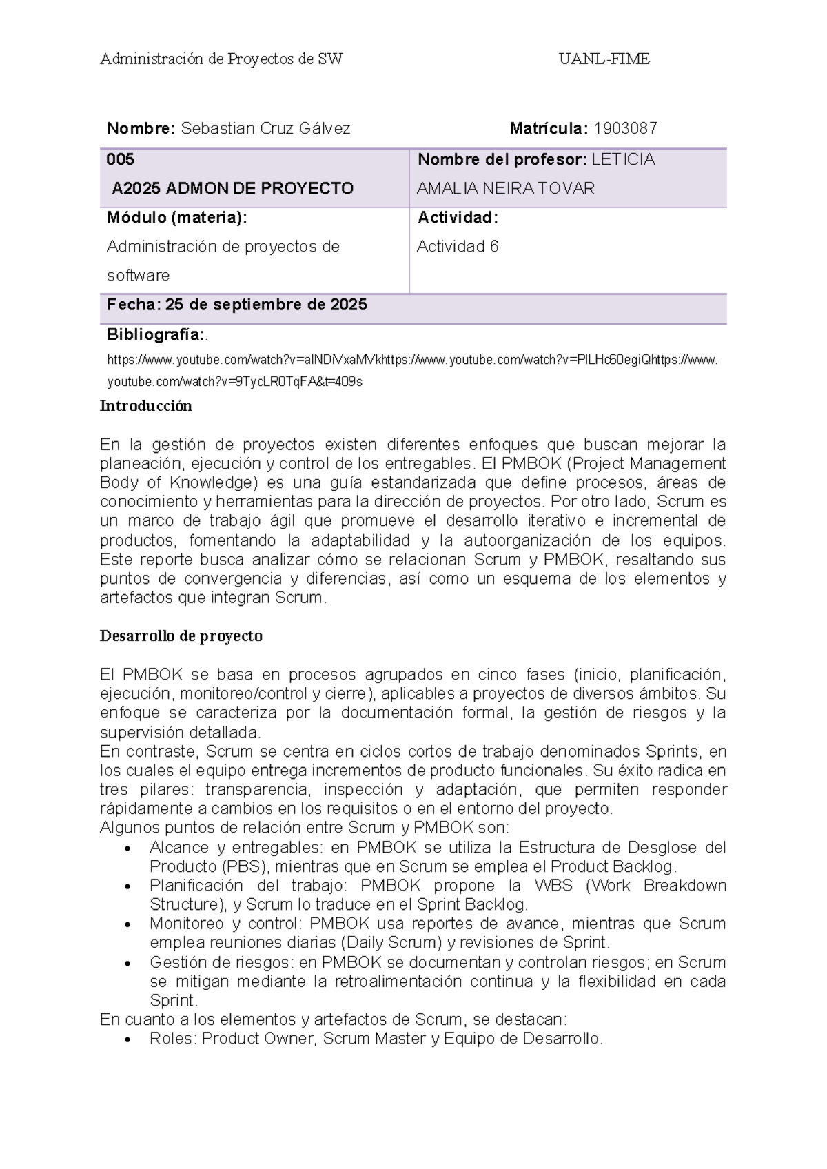 Análisis Comparativo: Scrum y PMBOK en Proyectos de SW - ADMON DE ...