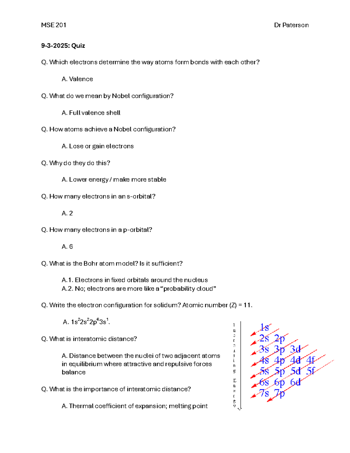 MSE 201: Quiz on Atomic Structure & Electron Configuration - Studocu