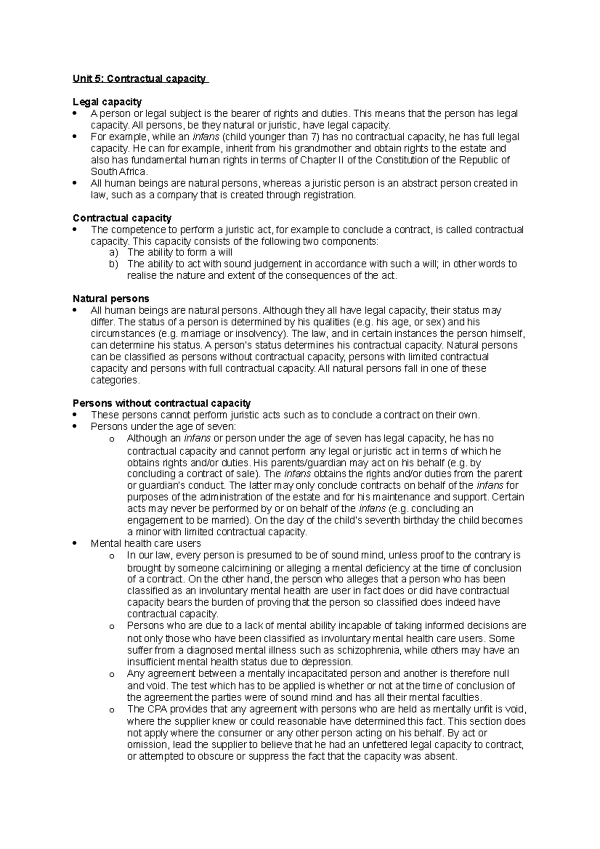 Unit 5-10: Understanding Contractual Capacity in Commercial Law - Studocu