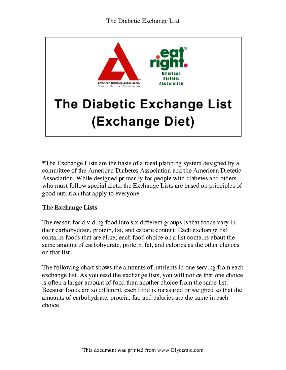 The Diabetic Exchange List: A Comprehensive Meal Planning Guide - Studocu
