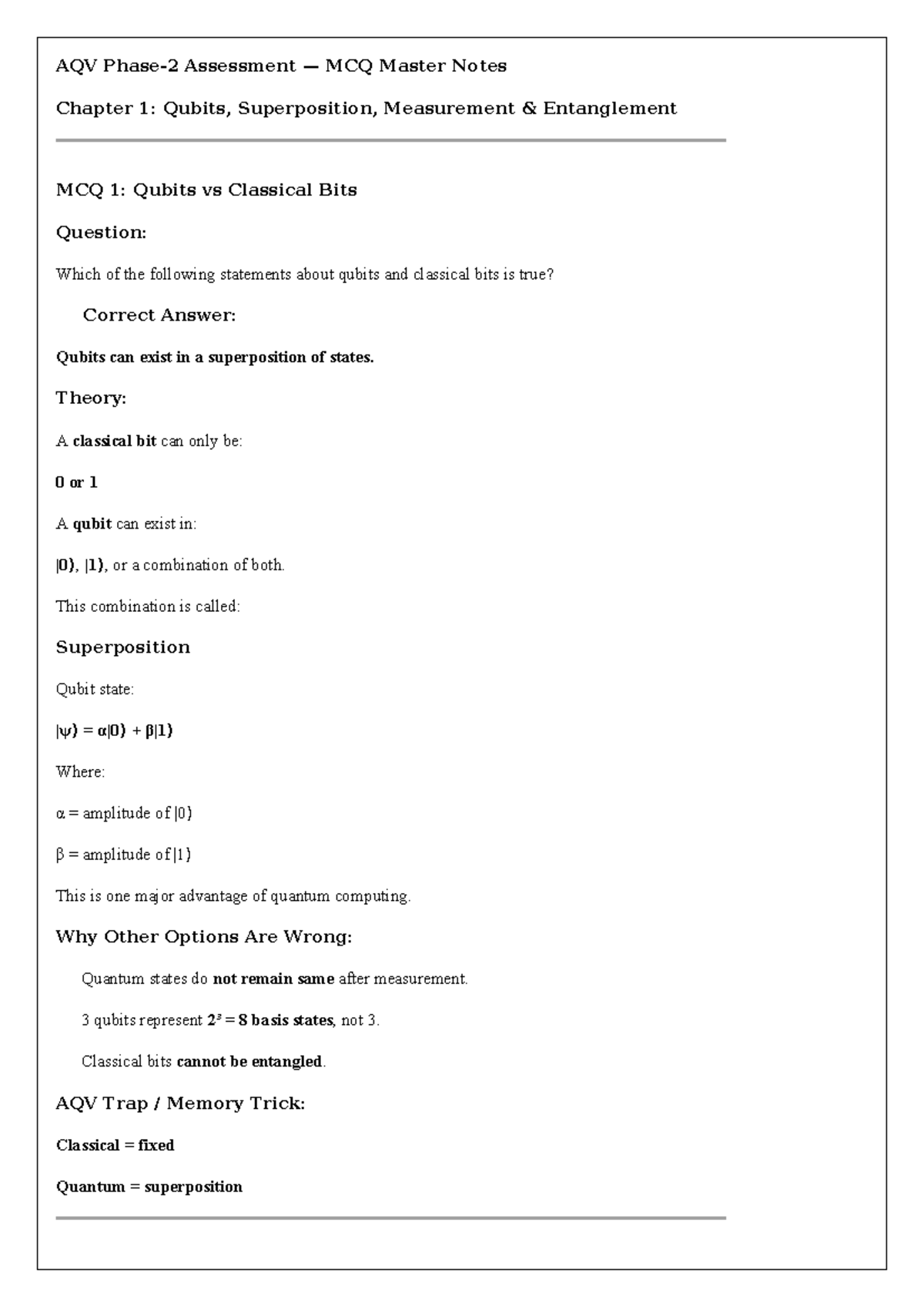 AQV Assessment MCQ Master Notes Chapter 1: Qubits & Quantum Concepts ...