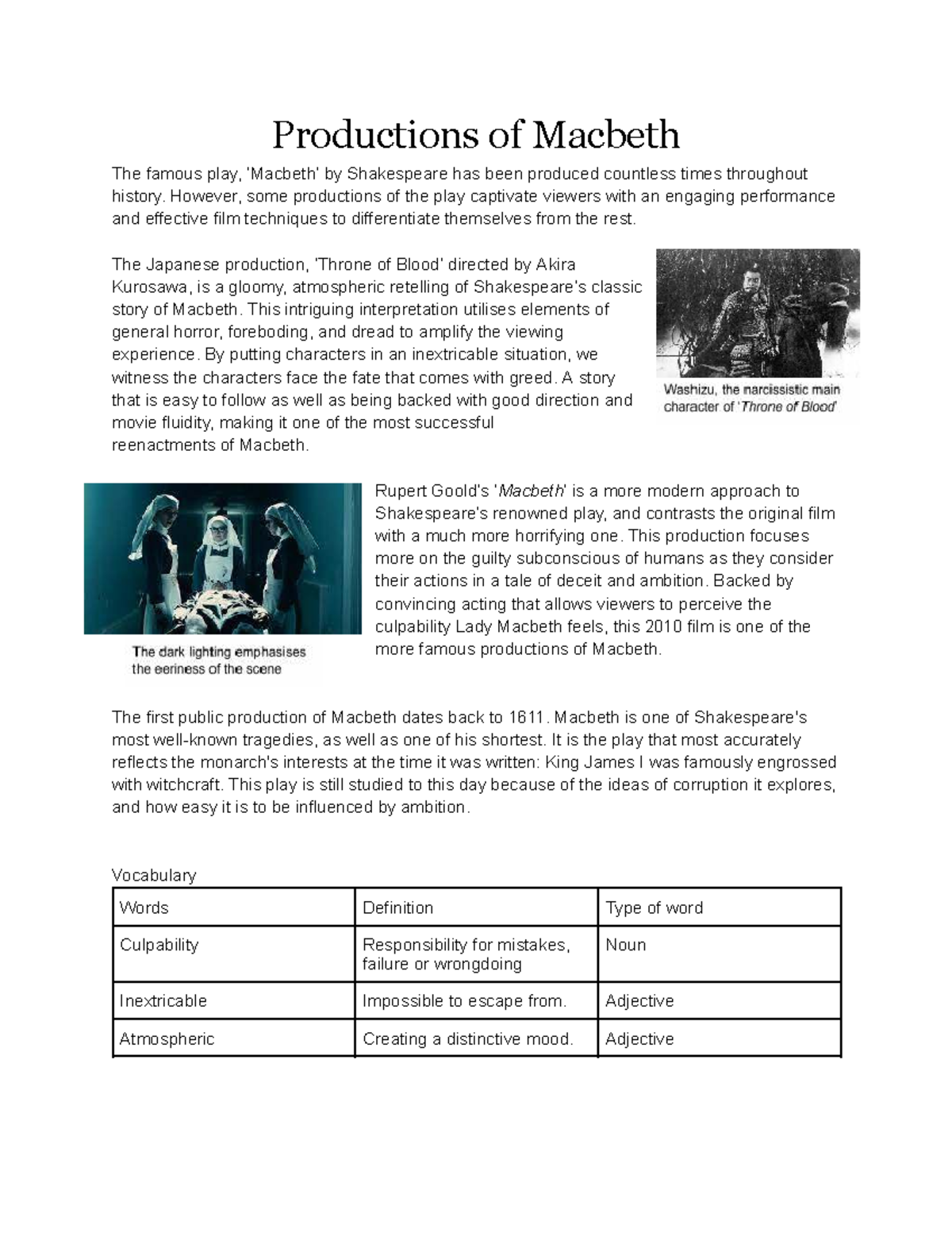 Macbeth - Analyzing Notable Productions of Shakespeare's Tragedy - Studocu