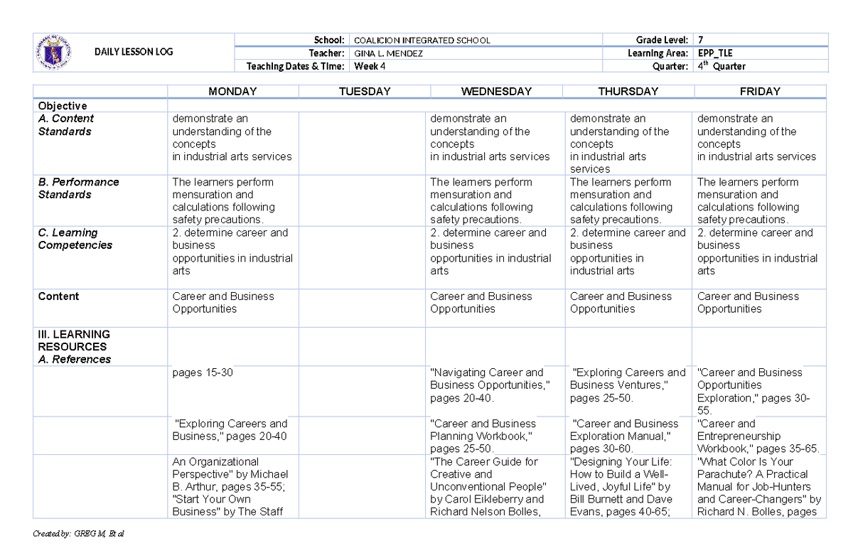 TLE 7 Q4 - Daily Lesson Log on Industrial Arts & Career Opportunities ...