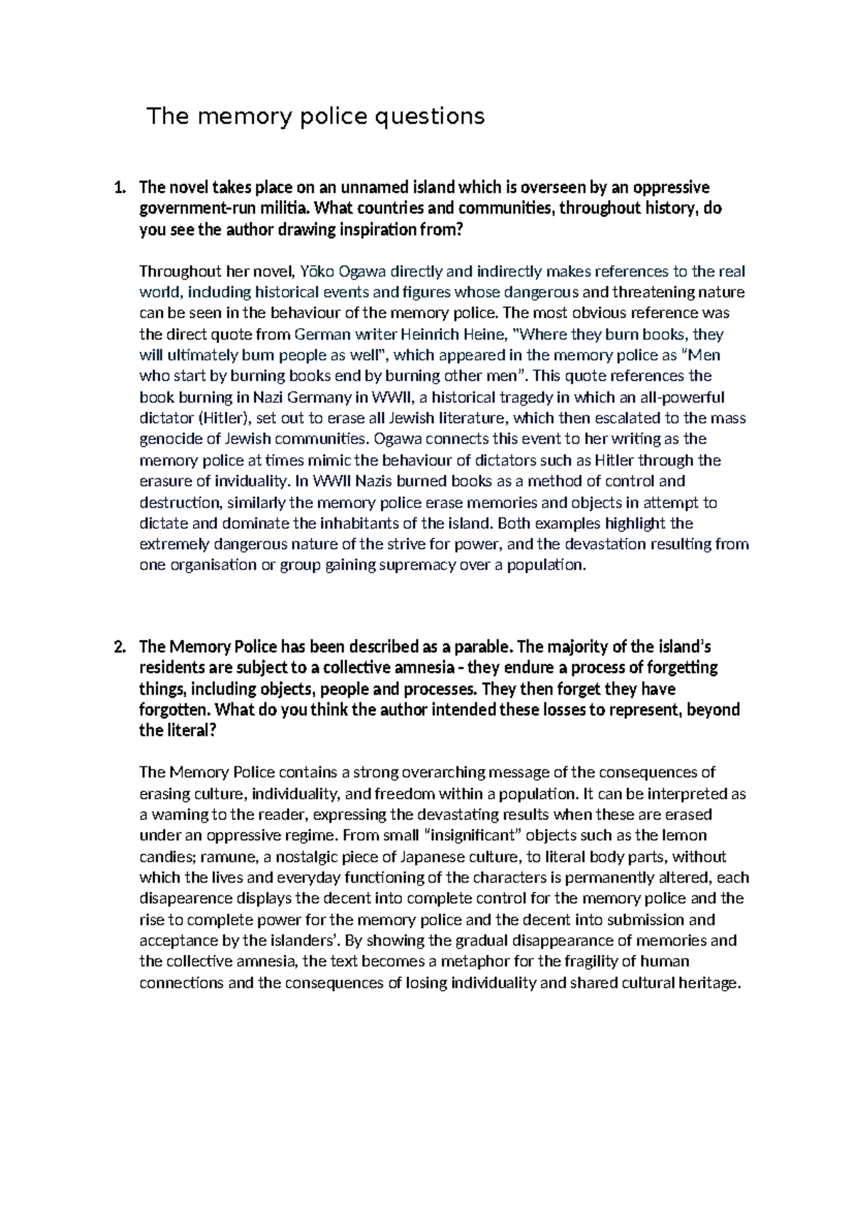 The Memory Police Analysis Questions: Themes and Symbolism - Studocu