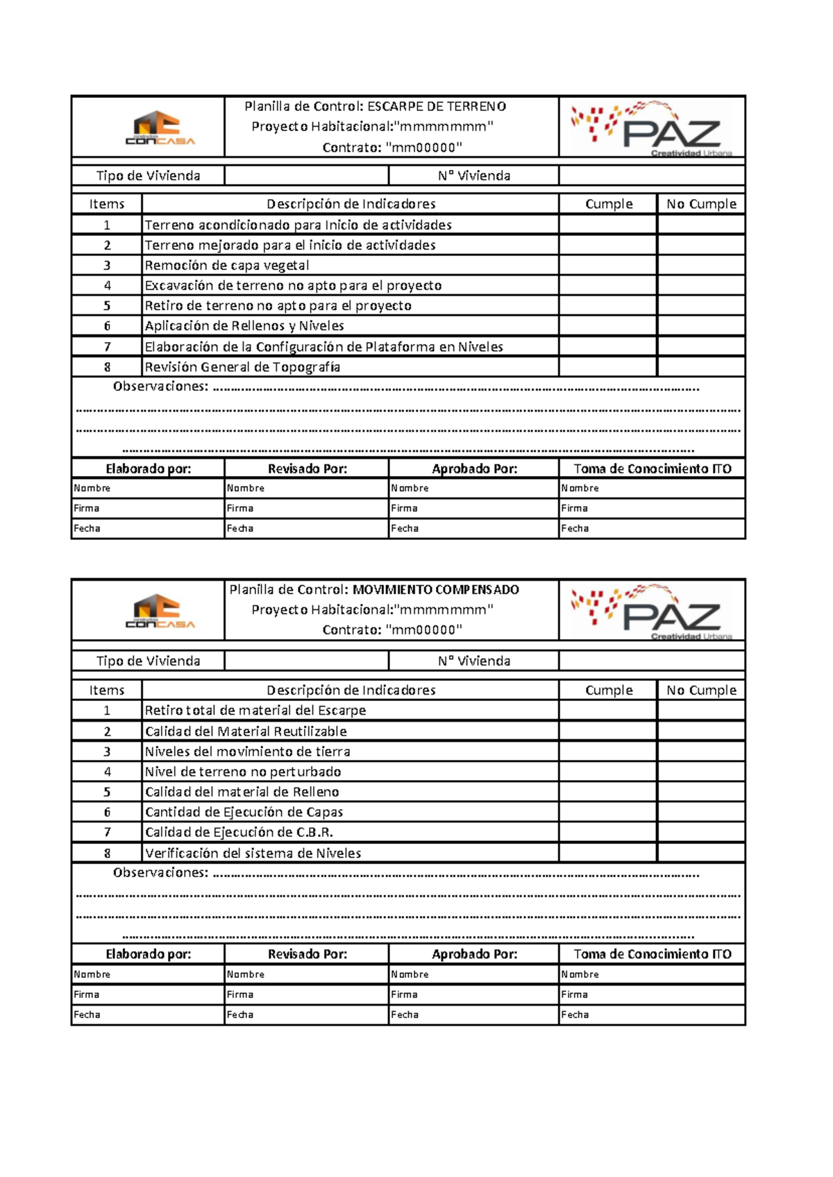 Planilla de Control: Documentación para Proyecto Habitacional - Studocu
