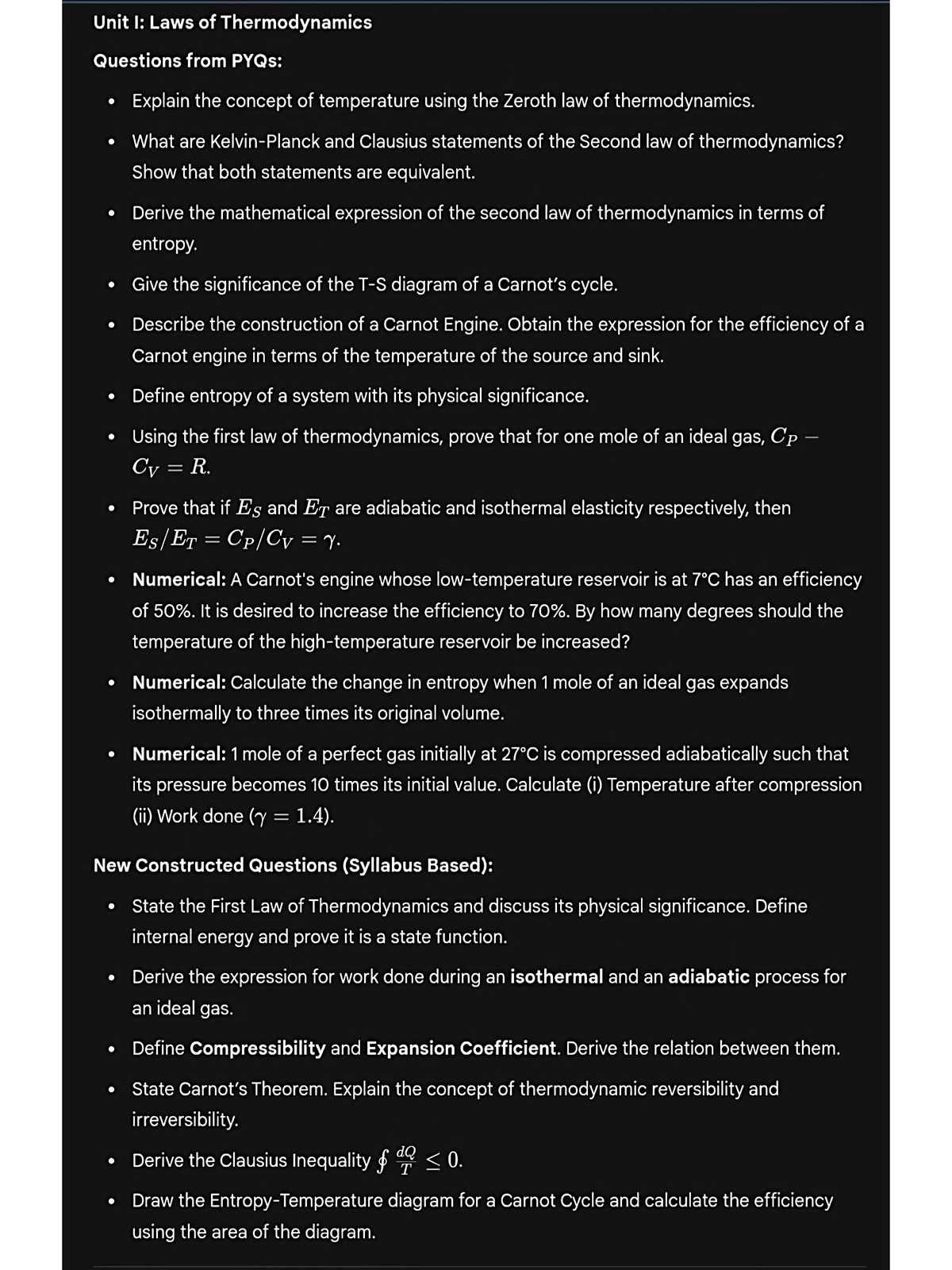 Unit I-V: Thermodynamics & Statistical Mechanics PYQs and Extra ...