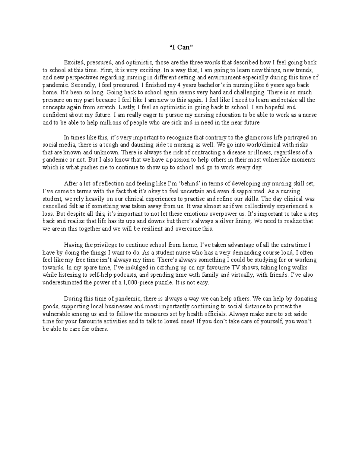 I Can - Reflect on a successful situation you have experienced (the ...