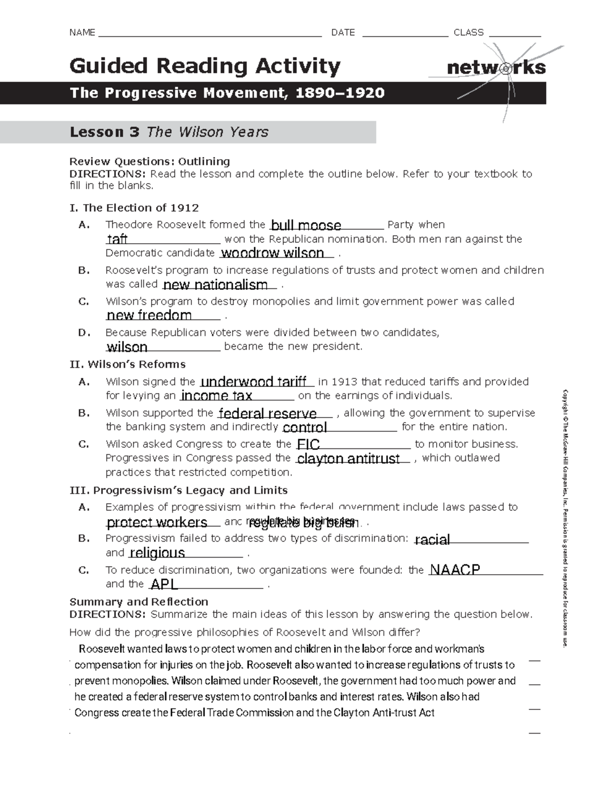 15-3 Guided Reading Activity: Lesson 3 - The Wilson Years Insights ...