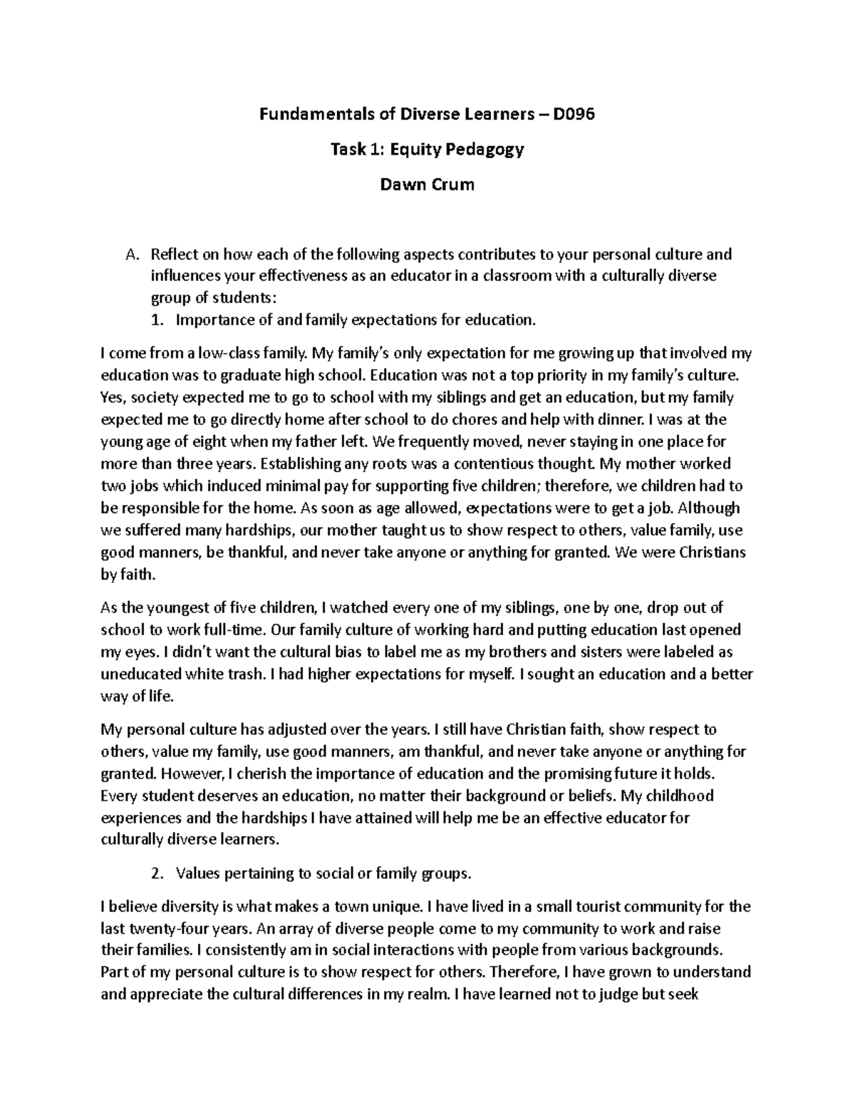 D096 Task 1 Equity Pedagogy - Fundamentals of Diverse Learners – D Task ...