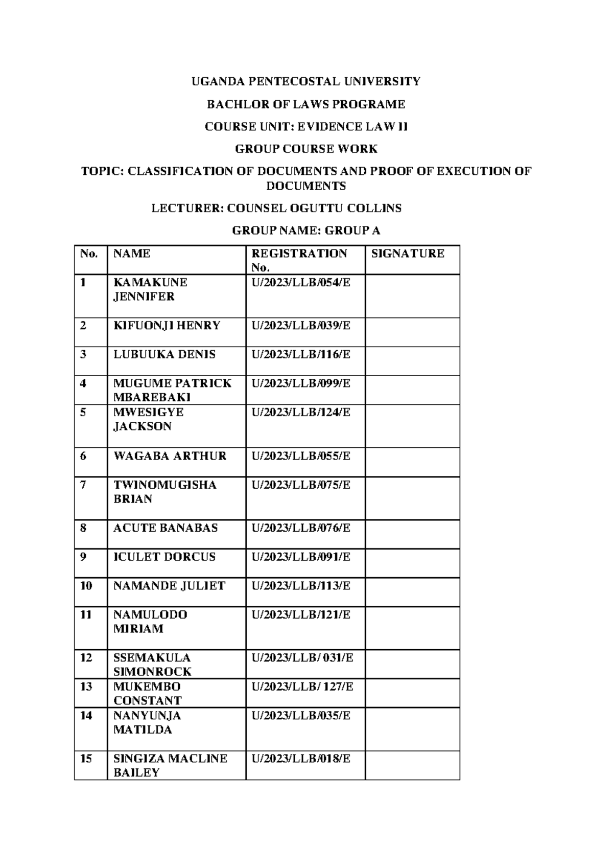 UGANDA PENTECOSTAL UNIVERSITY LAW EVIDENCE II: CLASSIFICATION & PROOF ...