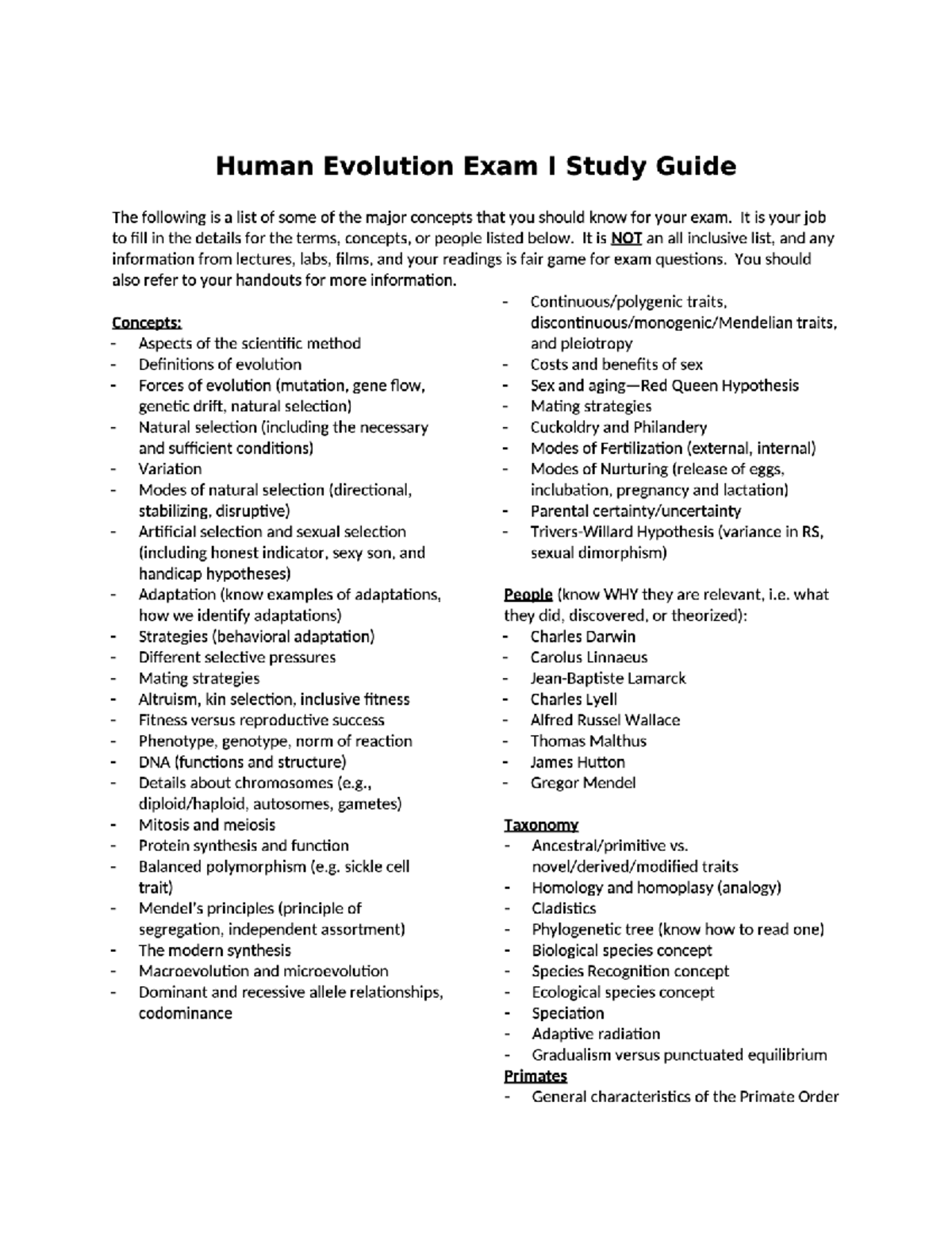 Exam I Study Guide for ANTH-1210: Human Evolution (Spring 2025) - Studocu