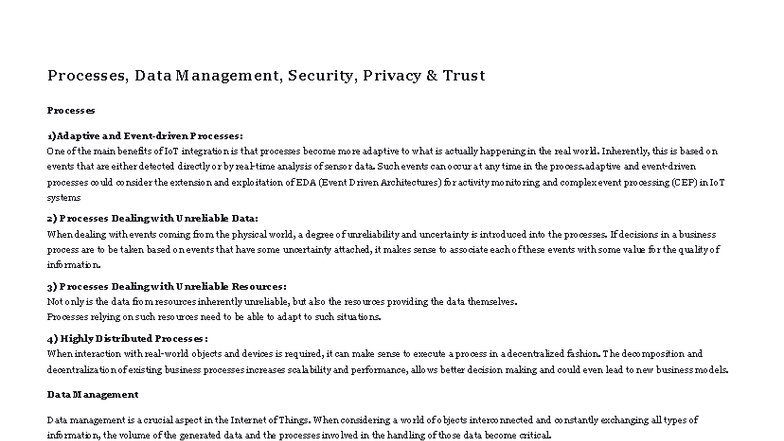 Processes, Data Management, Security & Trust in IoT - Notes - Studocu