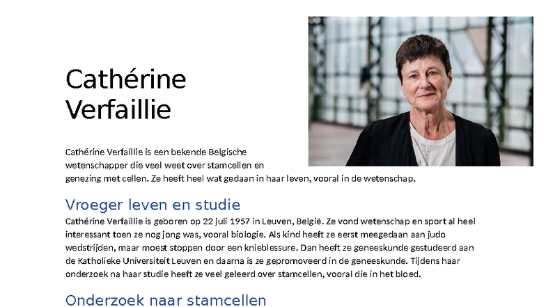 Cathérine Verfaillie - Biografie van een Stamcelpionier - Studocu