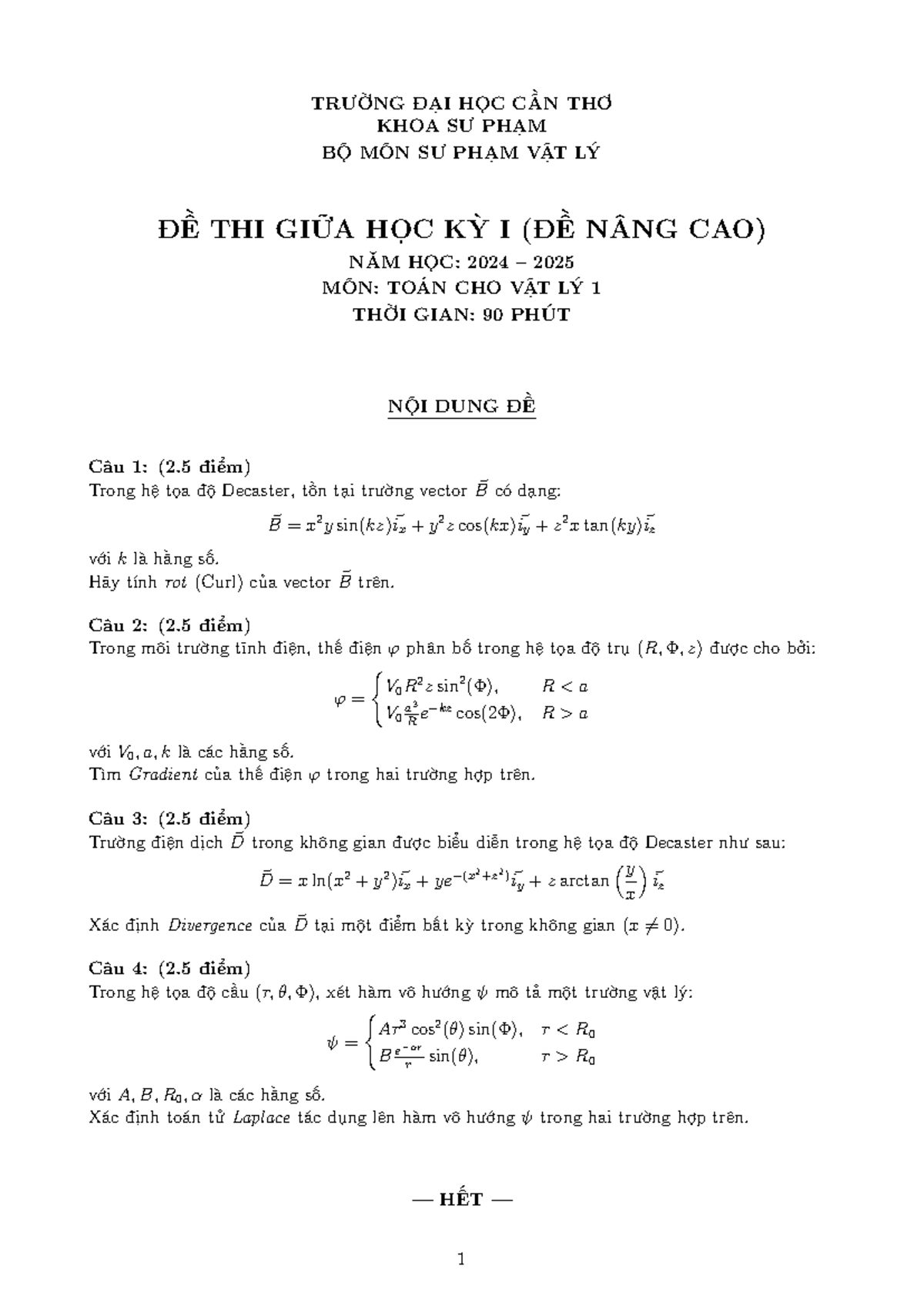 Đề Thi Giữa Học Kỳ I (Nâng Cao) Môn Toán Cho Vật Lý 1 - 2024-2025 - Studocu