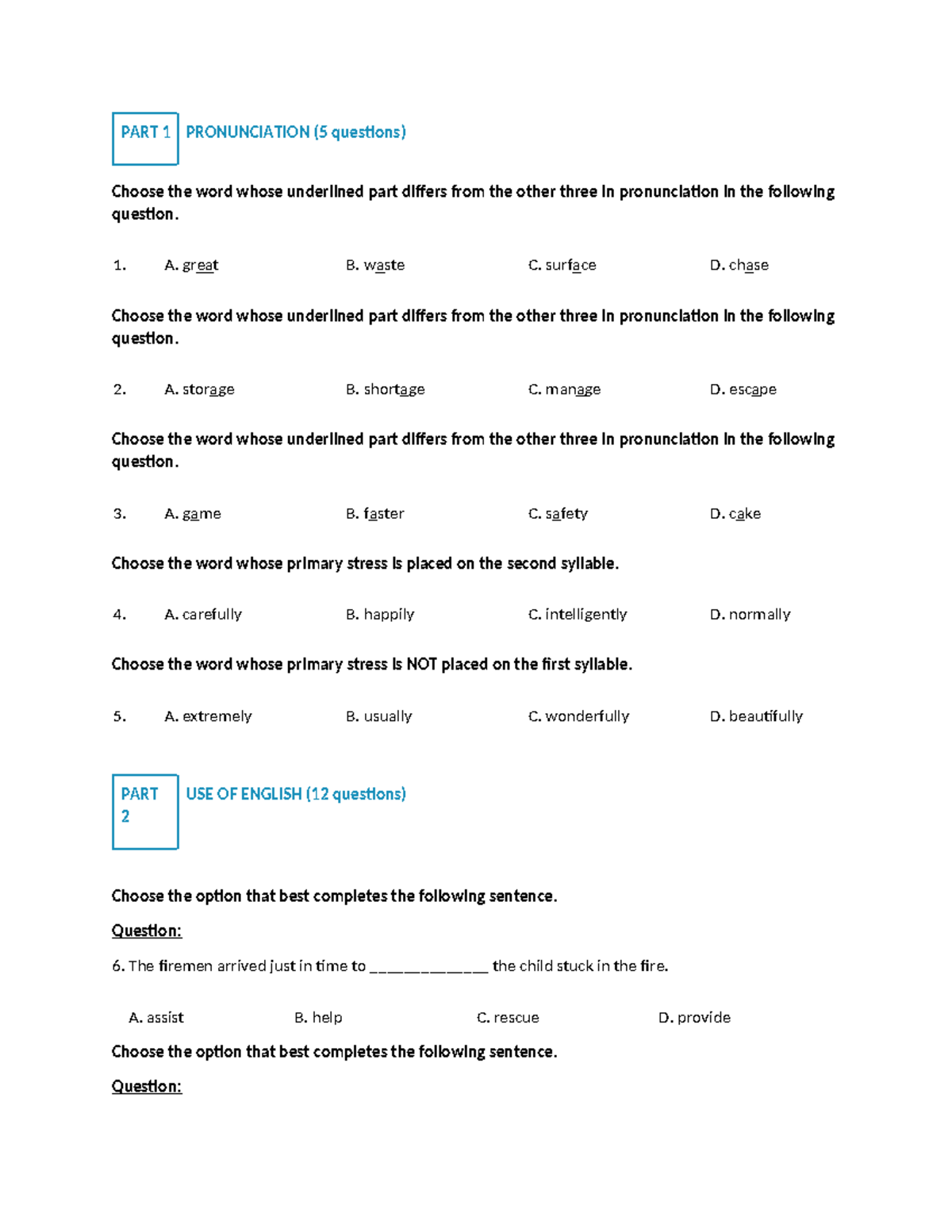 ENG 18 Pronunciation & Use of English Practice Questions - Studocu