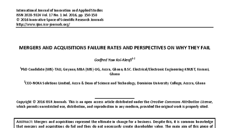 Mergers and Acquisitions Failure Rates: Insights and Perspectives (2016 ...