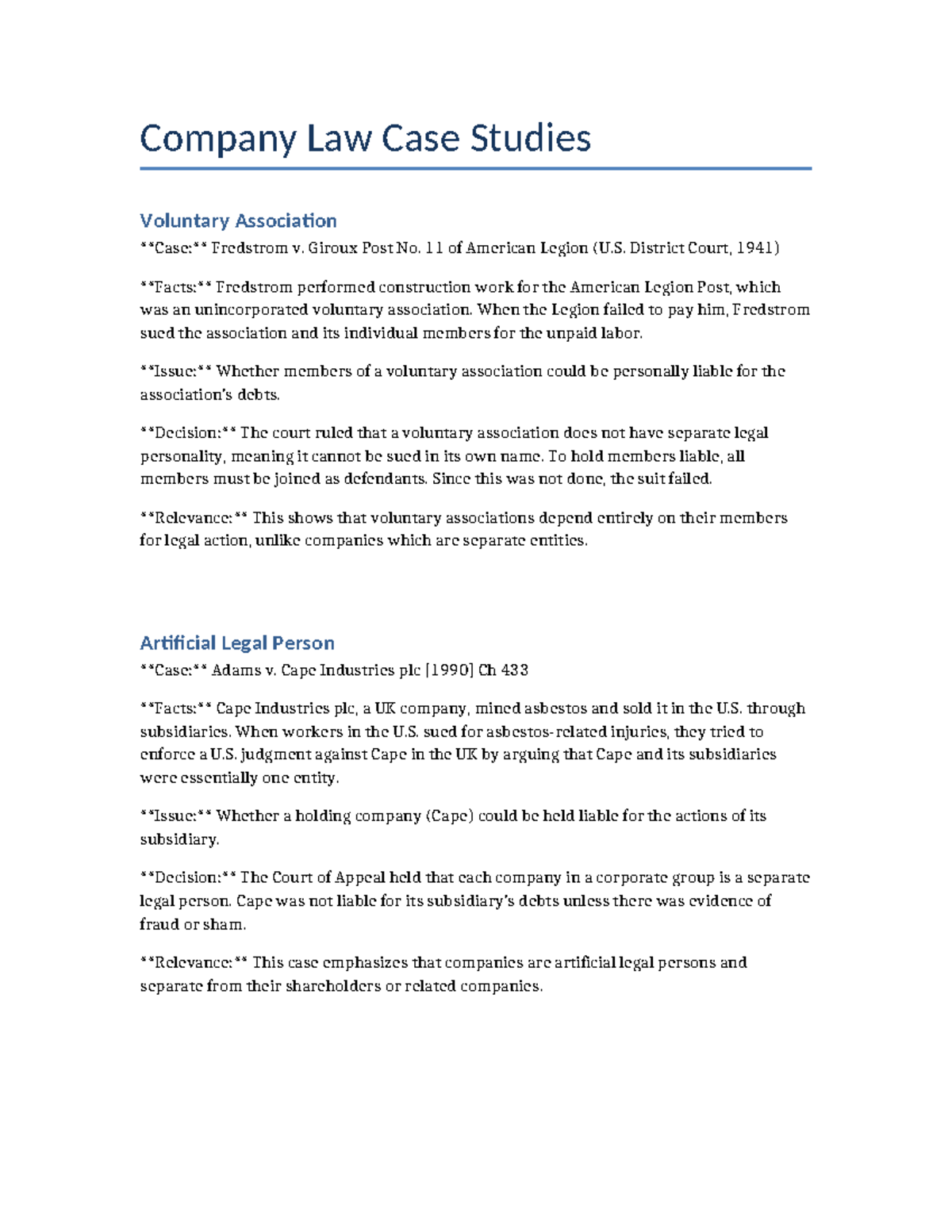 Company Law Case Studies: Key Cases on Legal Entities and Liabilities ...