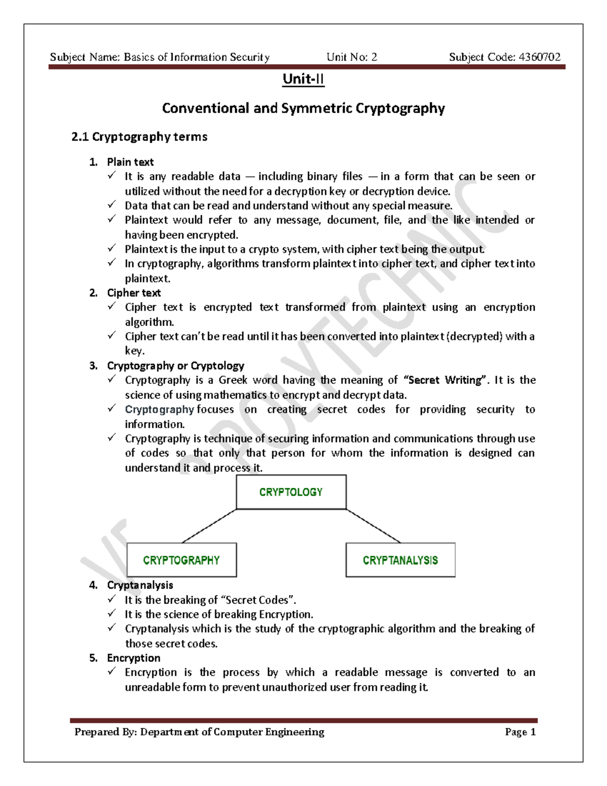 Basics of Information Security (4360702) Unit 2: Cryptography ...
