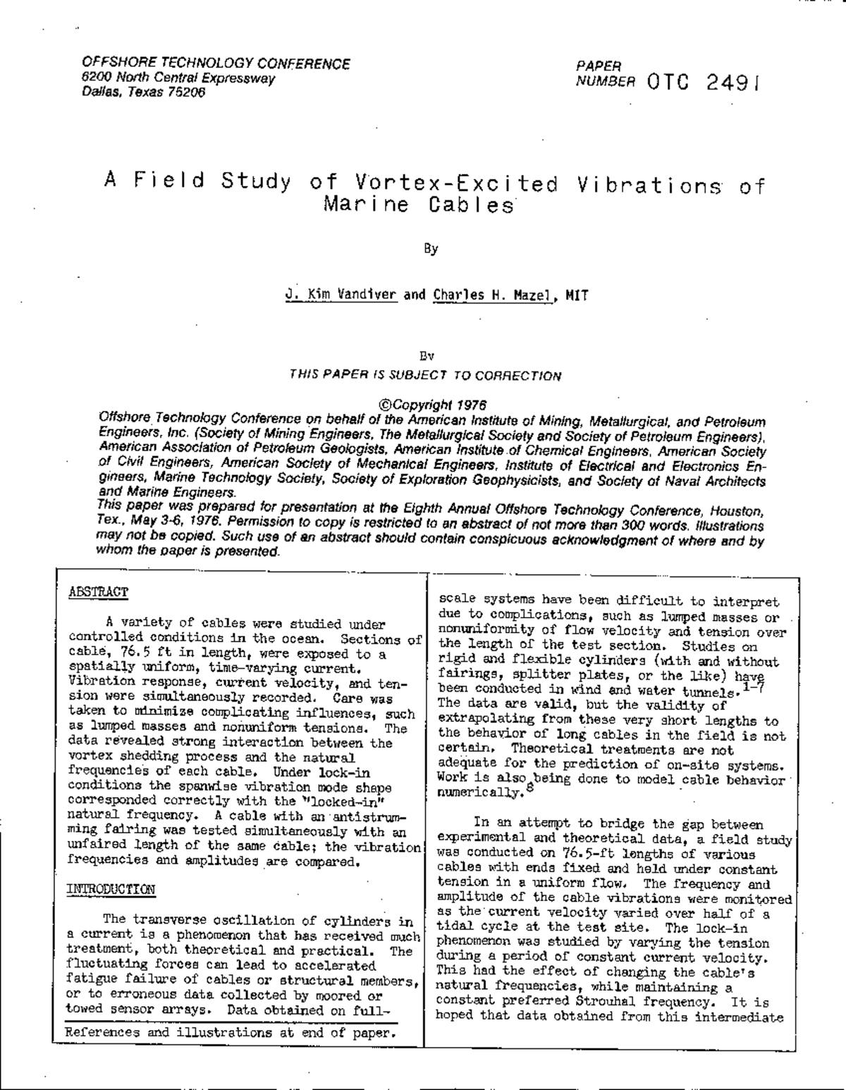 A Field Study of Vortex-Excited Vibrations of Marine Cables OTC 2491 ...