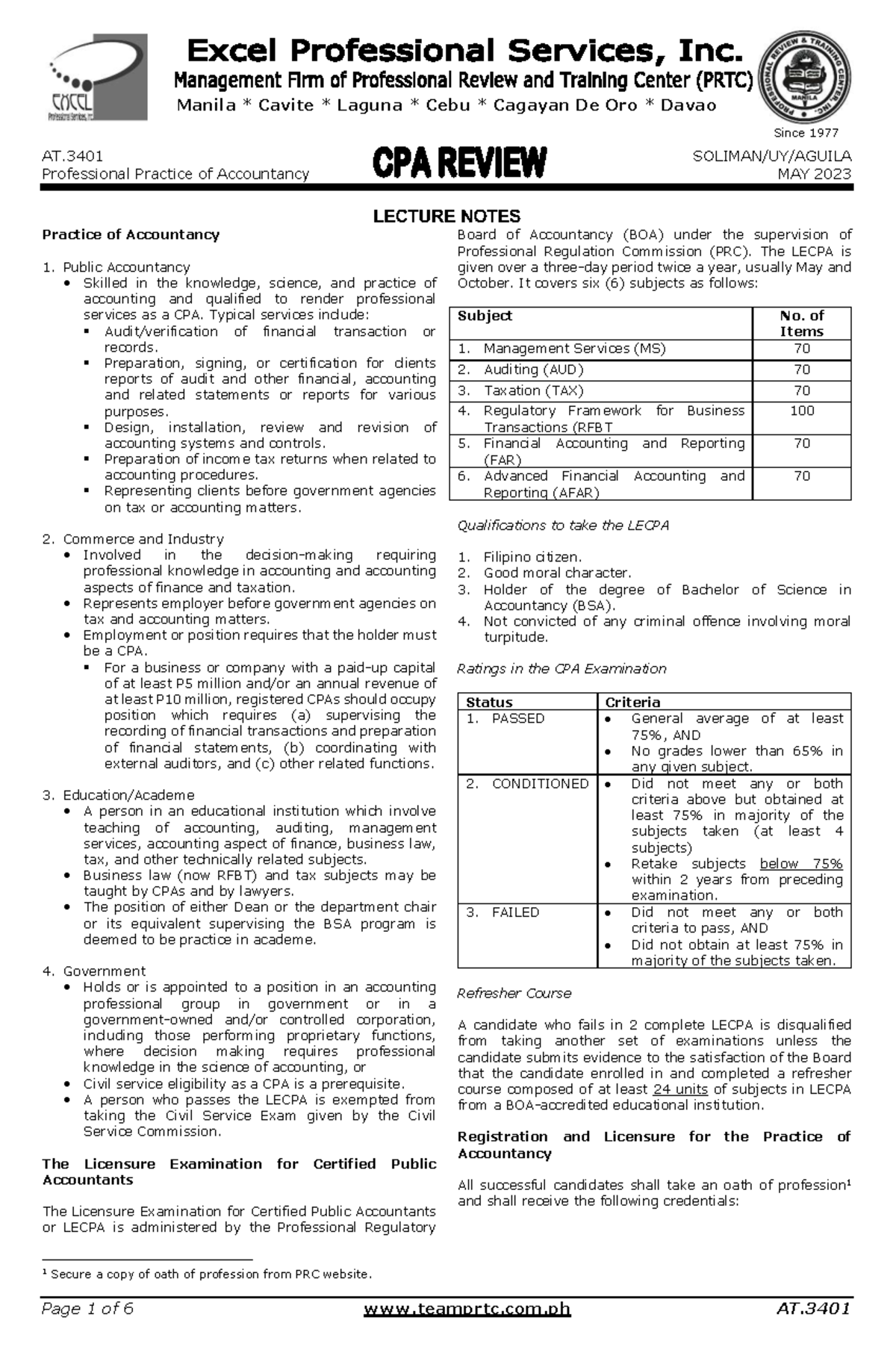 AT.3401 Professional Practice of Accountancy MAY 2023 LECTURE NOTES ...