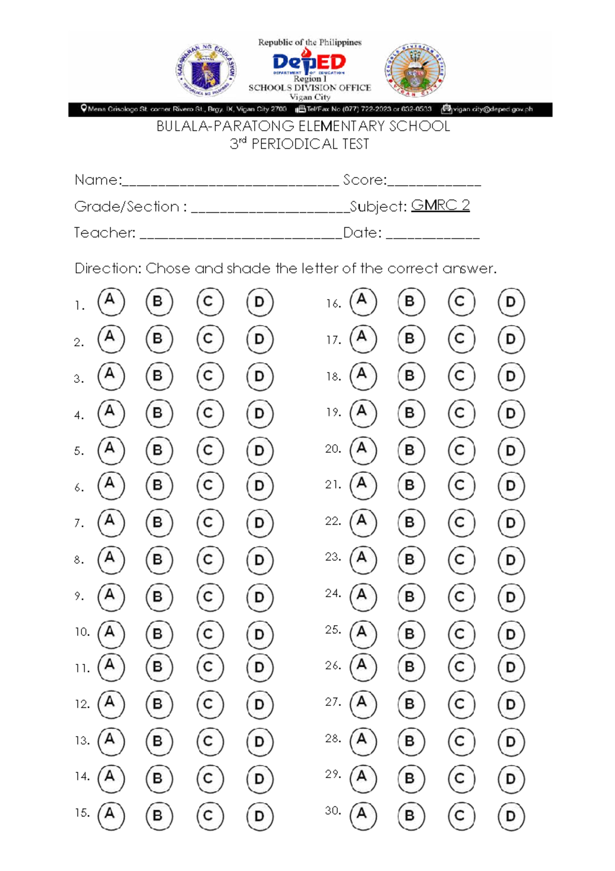 3rd Periodical Test Answer Sheet: GMRC, English, Filipino, Math - Studocu
