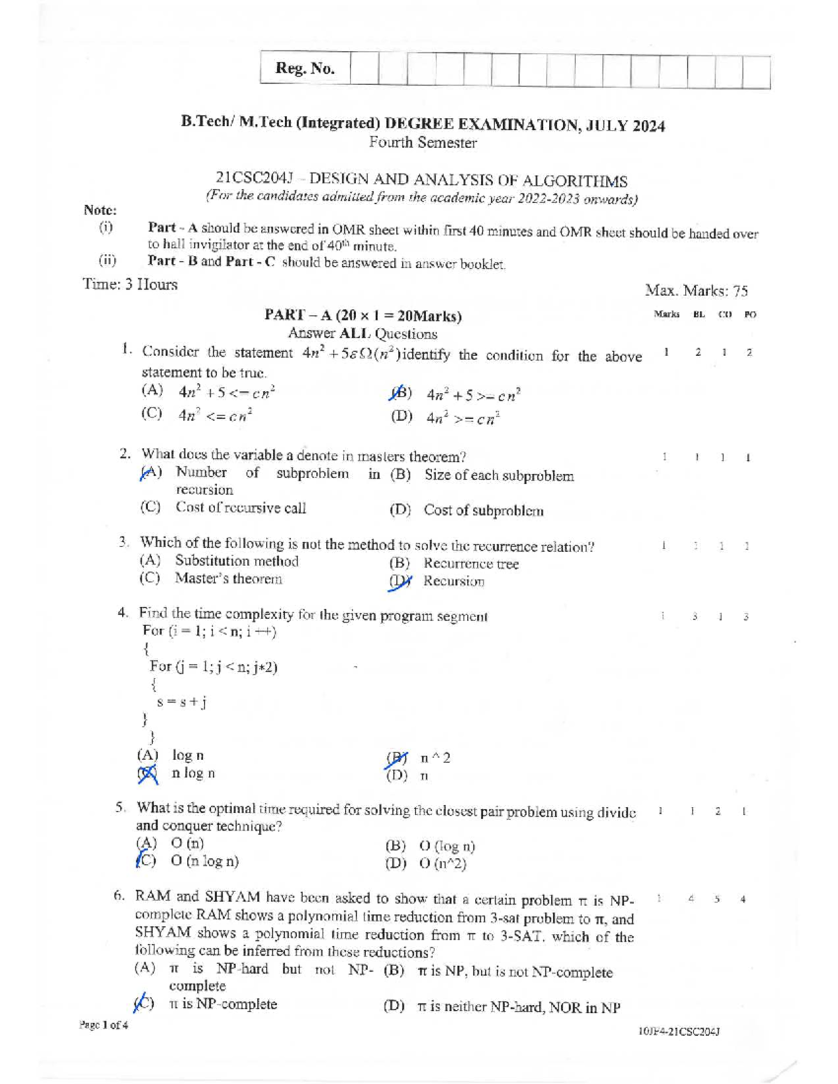 DAA M.Tech IV Sem Exam Paper - Design & Analysis of Algorithms, July ...