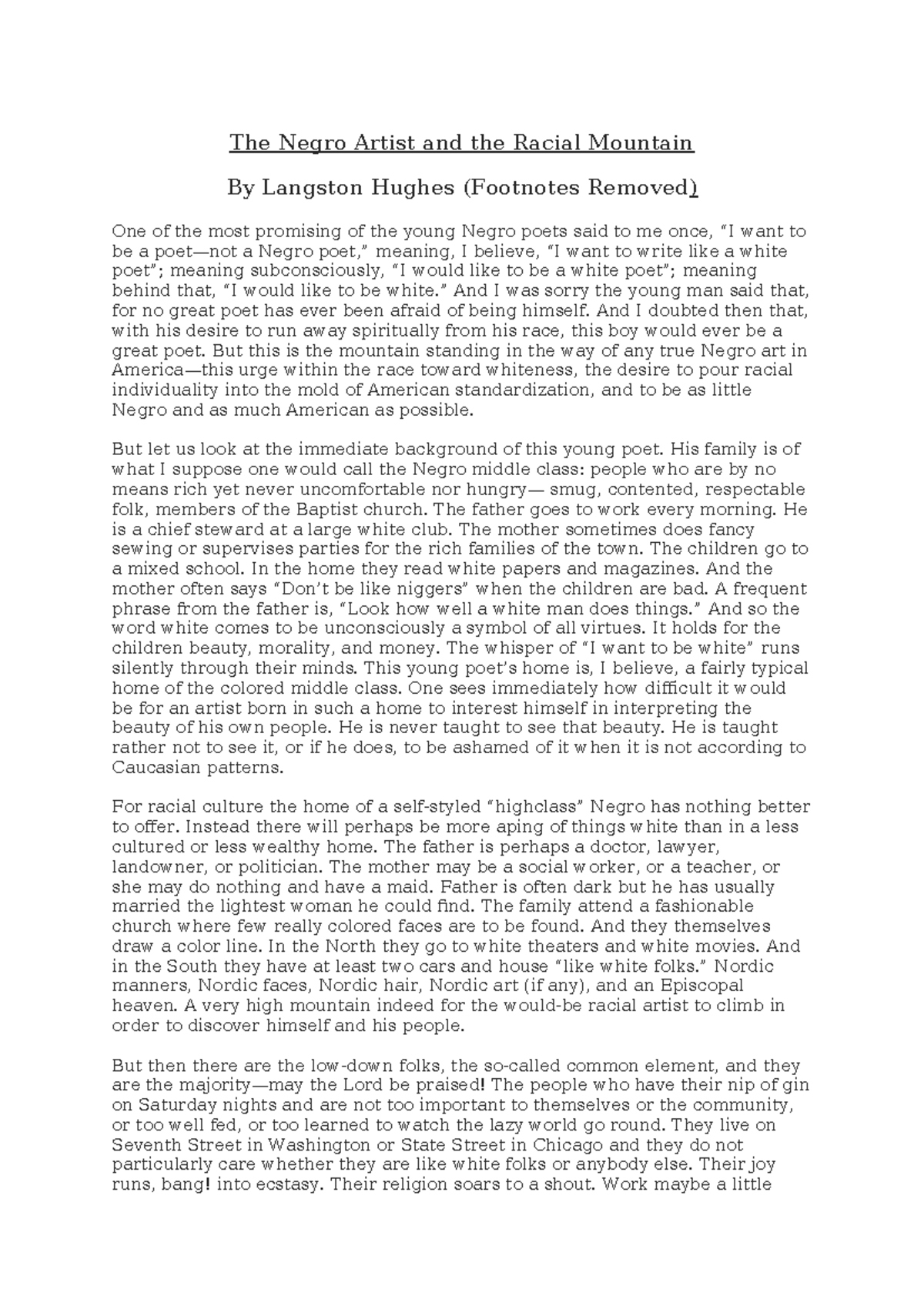 The Negro Artist and the Racial Mountain (by Langston Hughes) - The ...