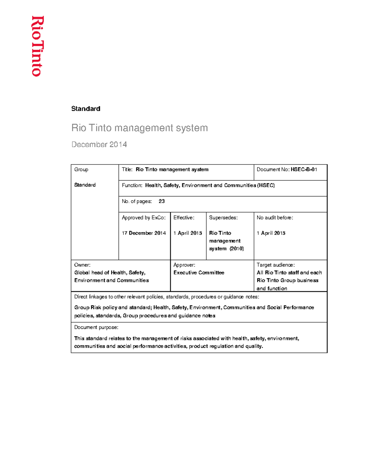 Rio Tinto HSEC Management System Standard (Dec 2014) Overview - Studocu