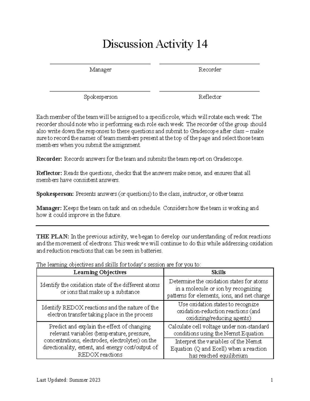 Discussion Activity 14: Roles in Team Dynamics & Redox Reactions ...