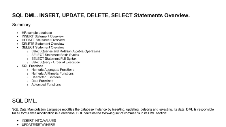 SQL DML Overview: INSERT, UPDATE, DELETE, SELECT Statements - Studocu