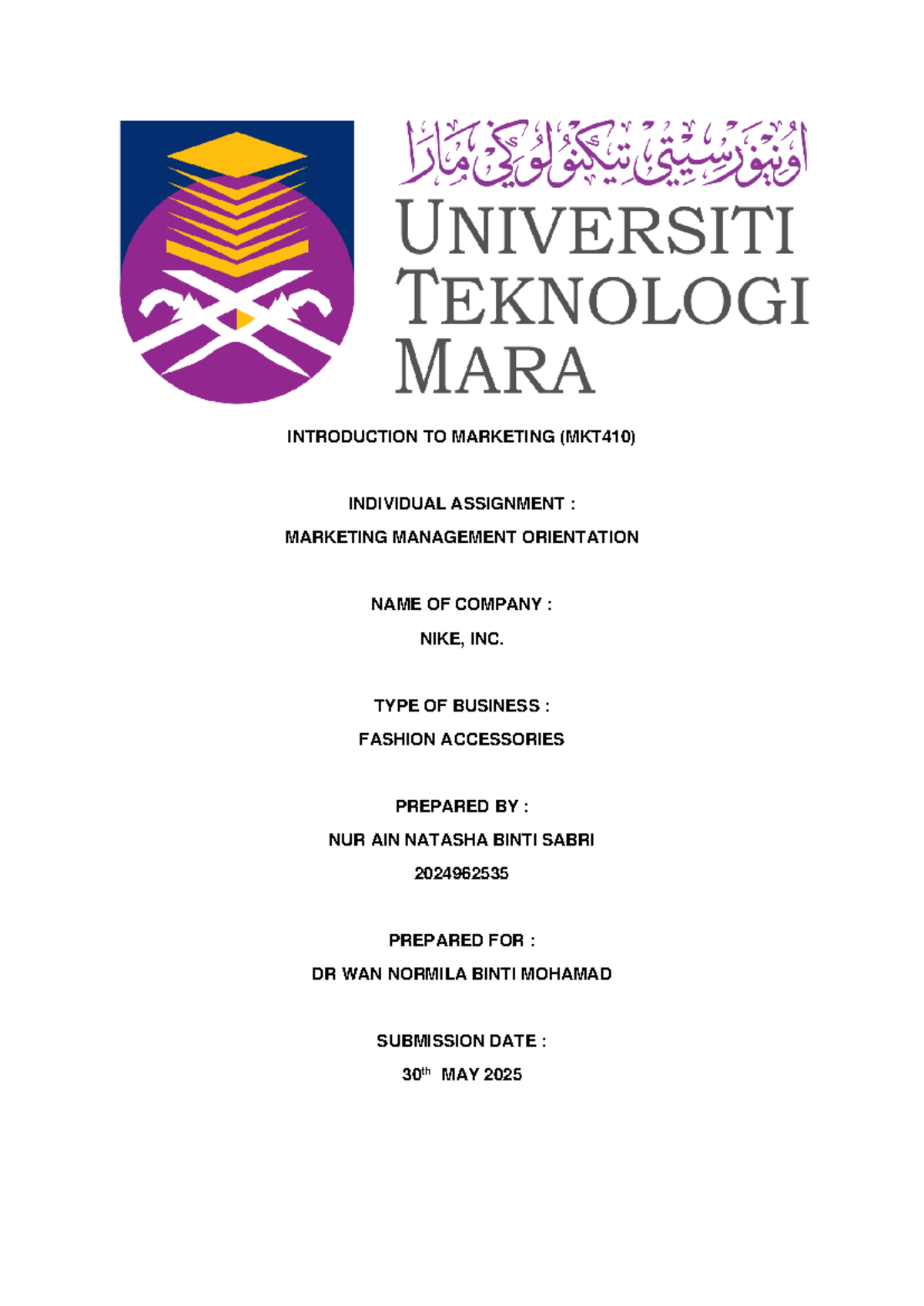 MKT410 Individual Assignment: Marketing Management Orientation of Nike ...