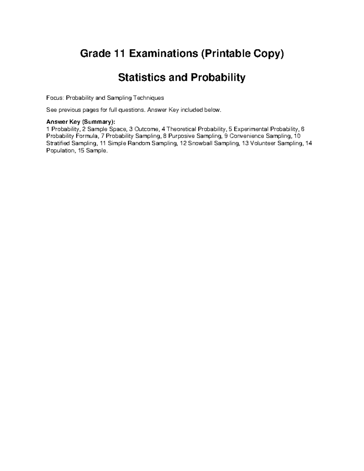 Grade 11 Exams (Printable) - Stats & Prob. Focus: Sampling Techniques ...