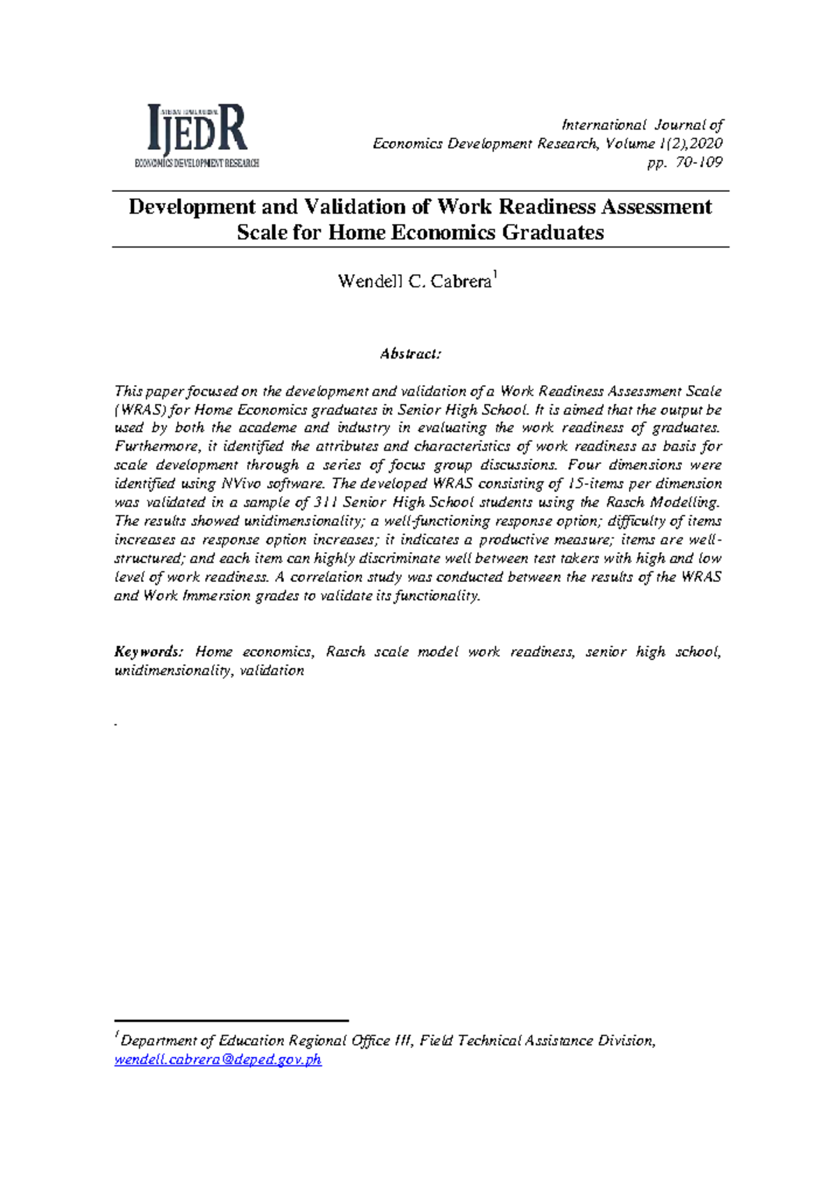Development and Validation of Work Readiness Assessment Scale for Home ...
