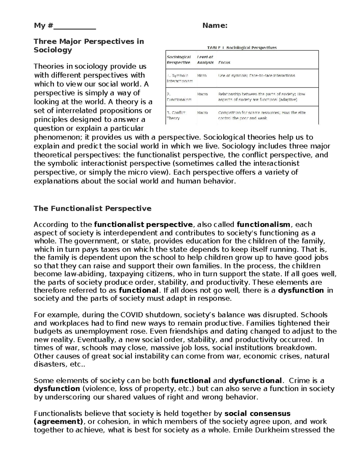 110 Intro to Major Perspectives in Sociology: Functionalism, Conflict ...